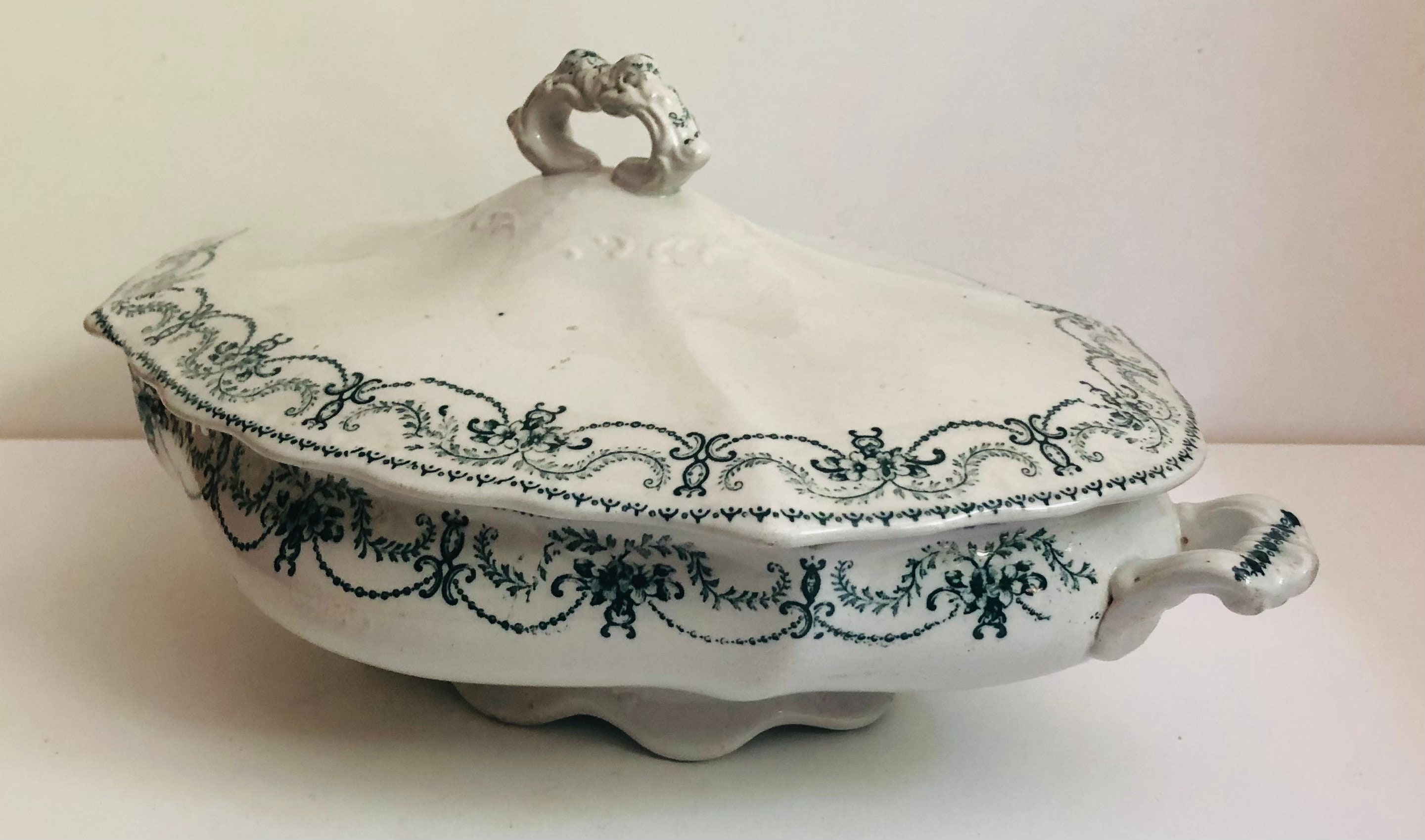 Antique English Victorian Transferware Garlands Casserole Covered Dish ...
