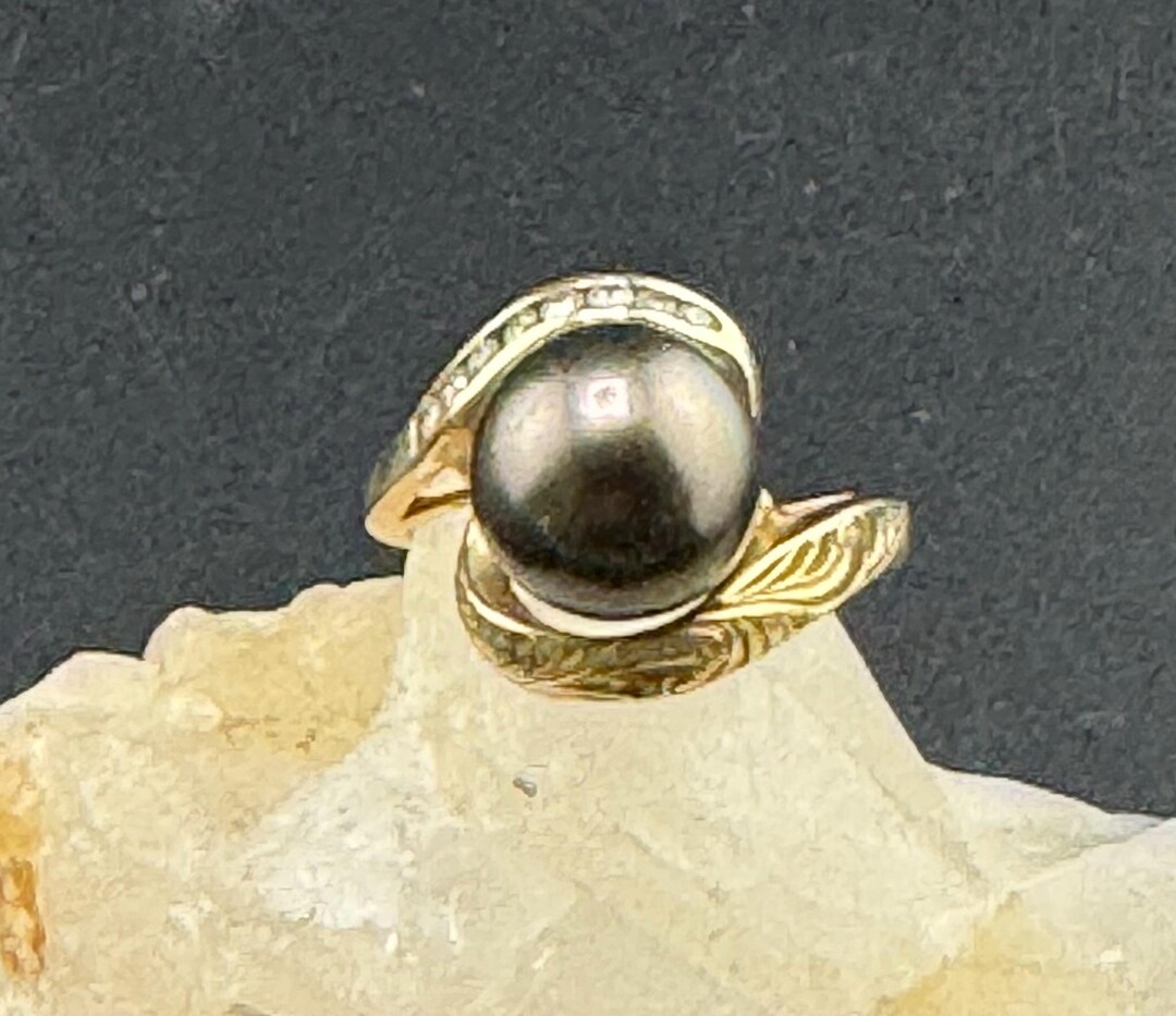 Vintage Black Tahitian Pearl Diamond Ring Hand Etched Yellow Gold ...