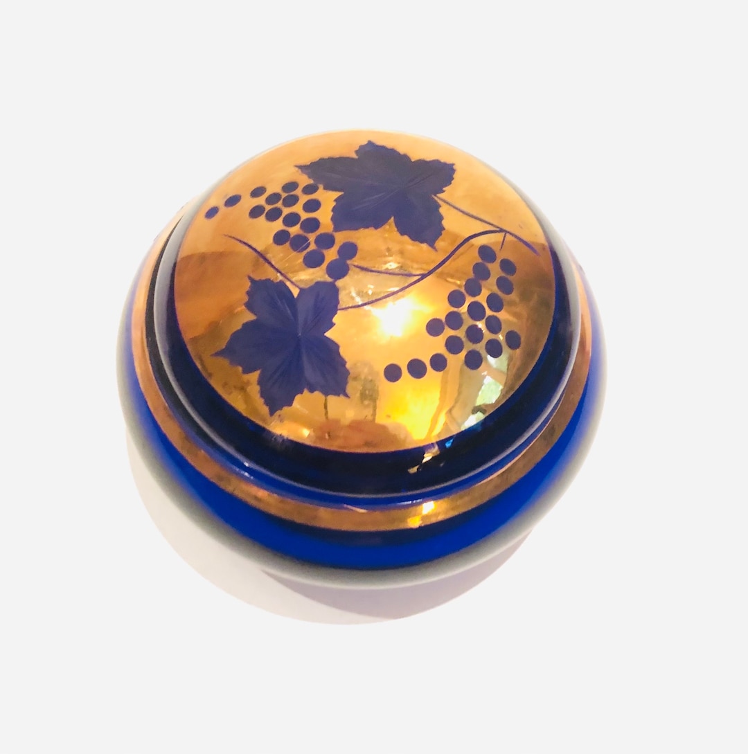 Irena Cobalt Crystal Lidded Trinket Bowl Powder Jar Polish Etched Glass ...