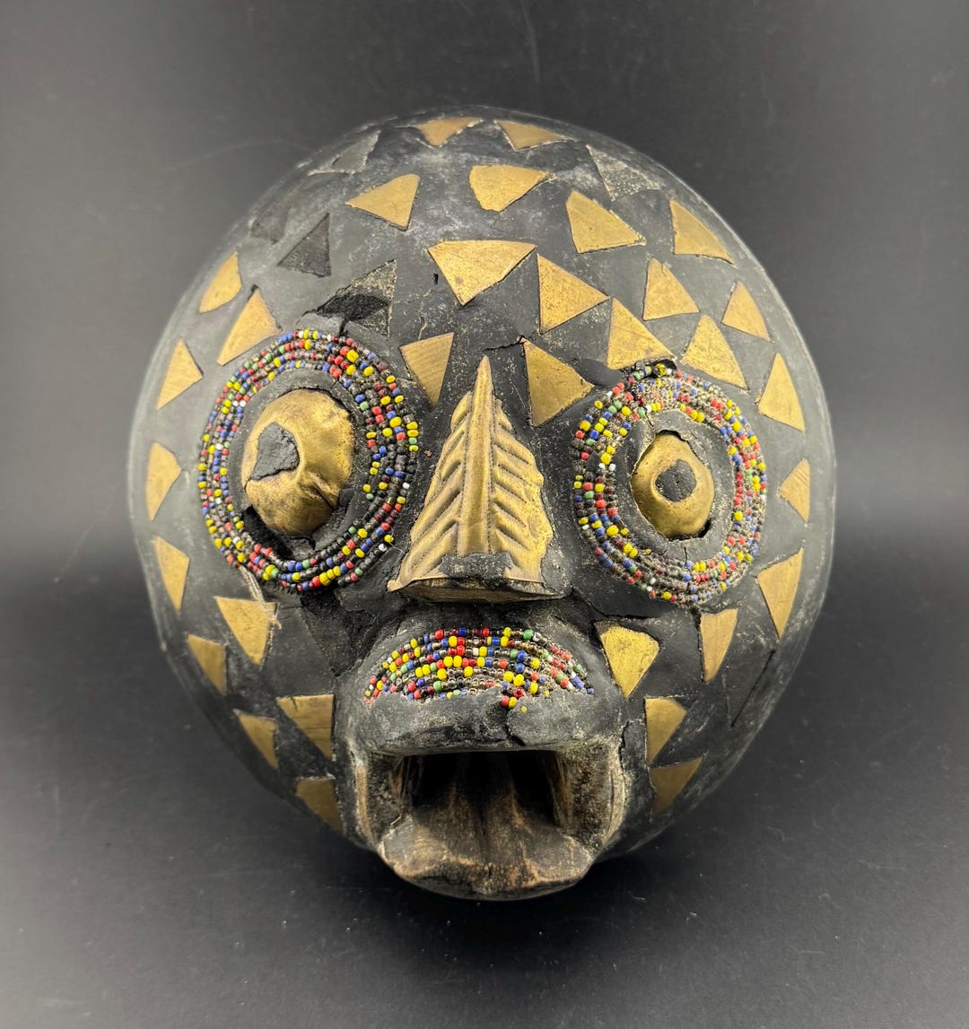 Vtg Carved Wooden African Moon Mask Sculpture Wall Hanging Beadwork ...