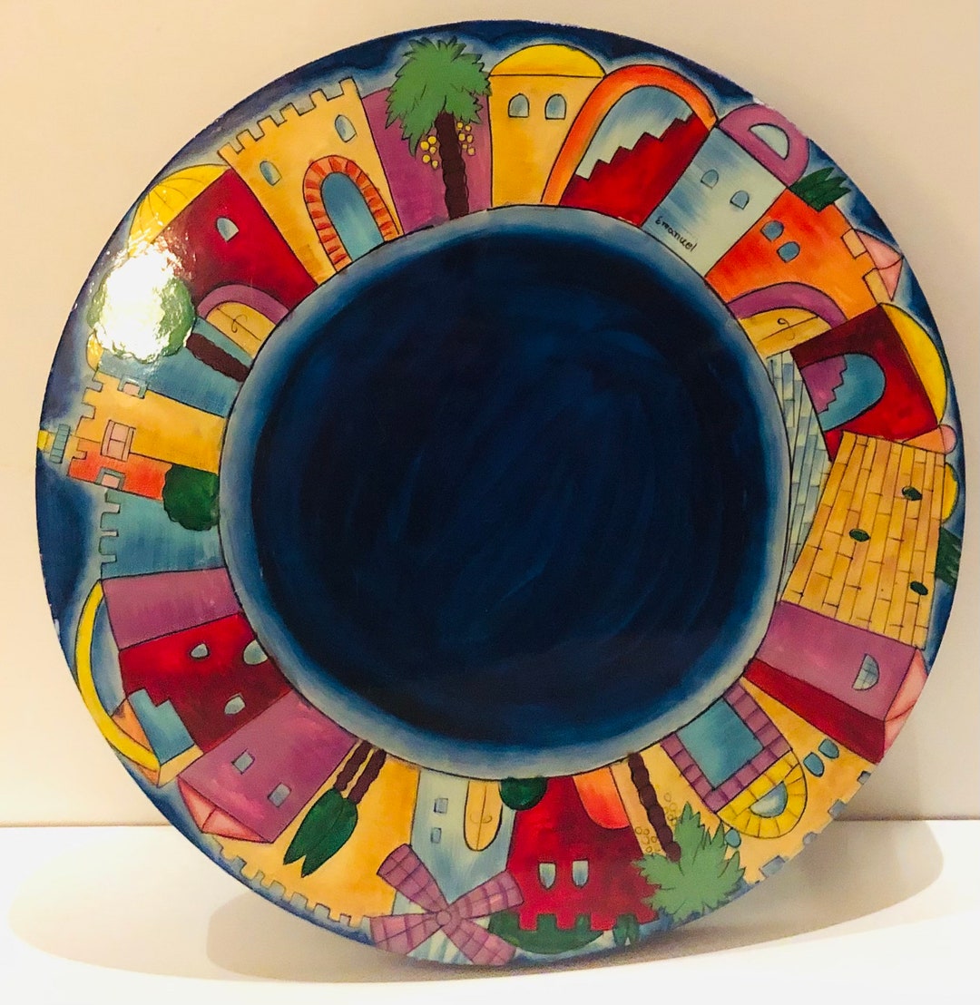 Hand Painted Yair Emanuel Wooden Seder Plate Israeli Platter Pedestal ...