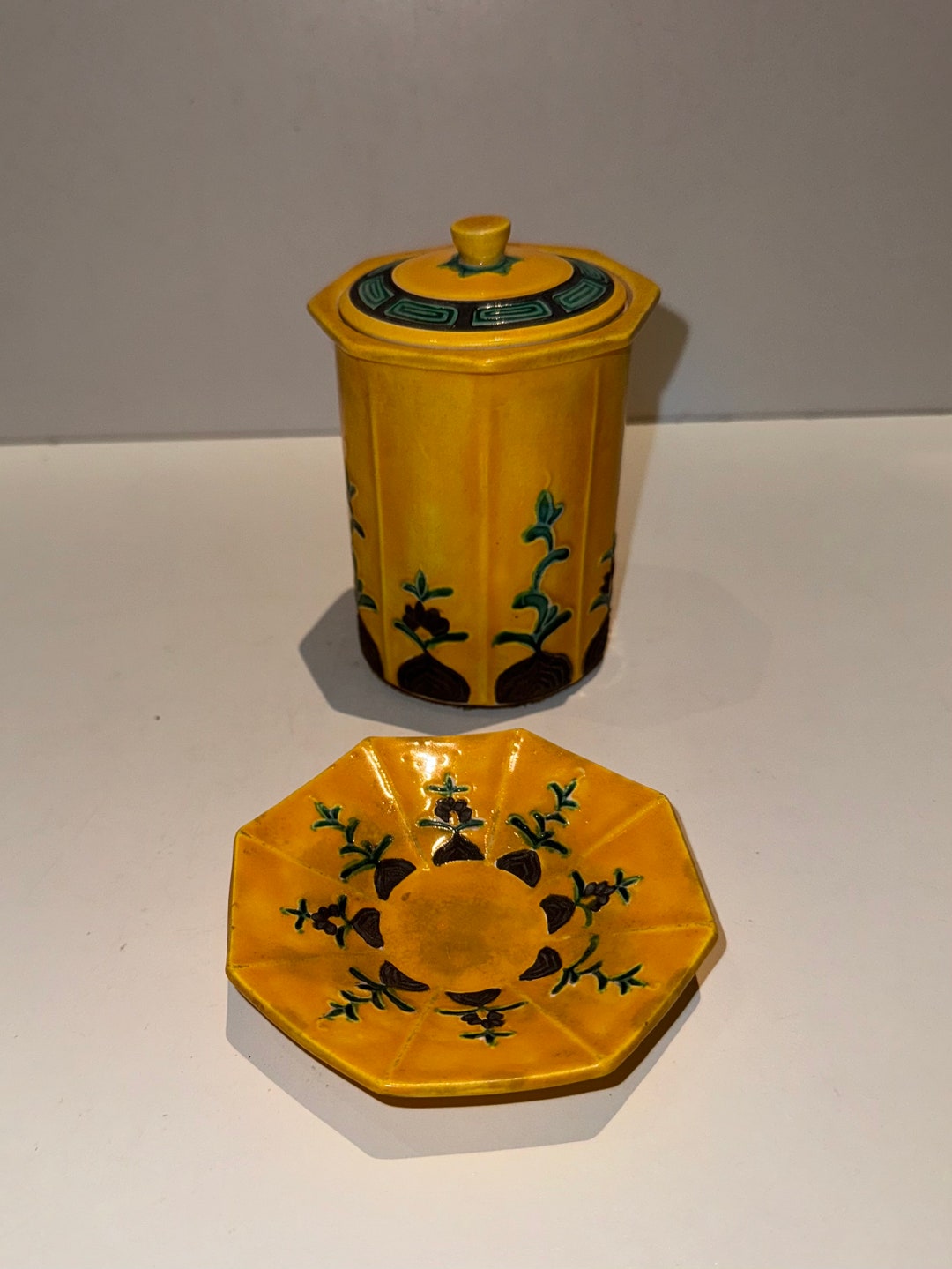 Antique Art Nouveau Deco Octagonal Ceramic Spice Jar Stash Box ...