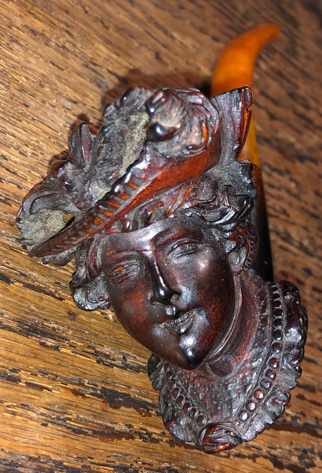 Victorian Lady Pipe Antique Carved Briarwood Woman With Real Amber Stem ...
