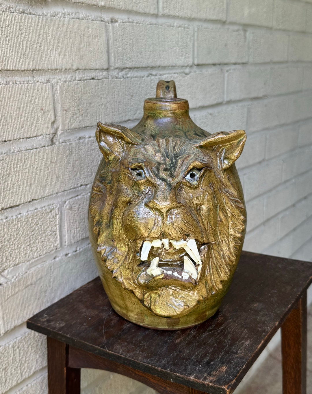 Vintage Ceramic Grotesque Folk Art Lion Werewolf Face Jug Crock W ...