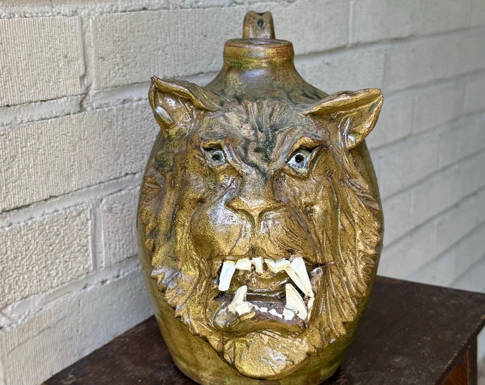 Vintage Ceramic Grotesque Folk Art Lion Werewolf Face Jug Crock W ...