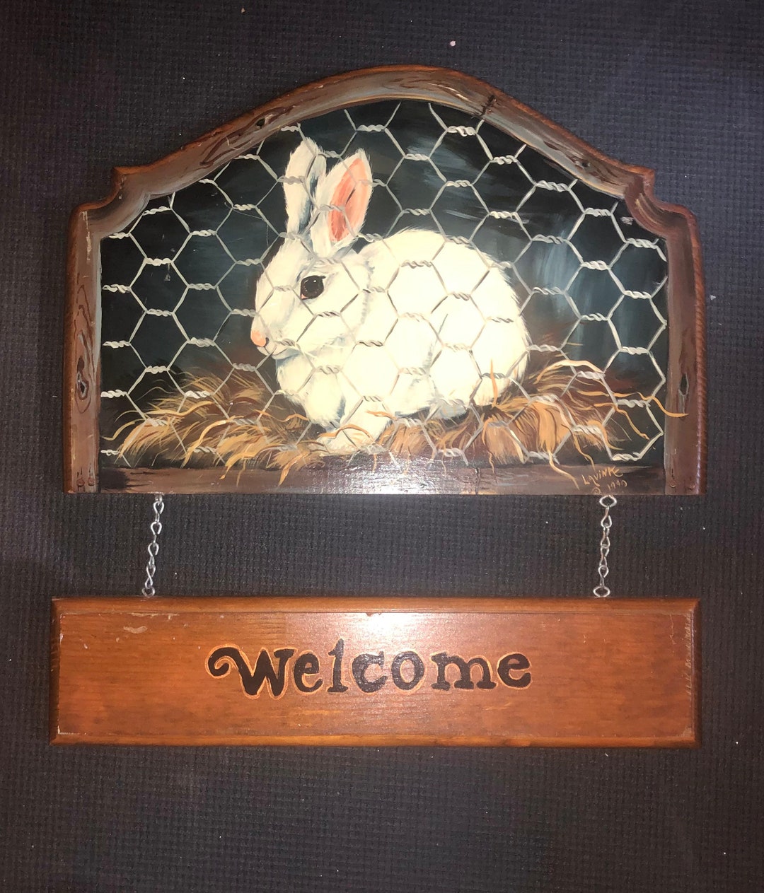1990 Primitive Welcome Sign Southern Folk Art Rabbit Painting on Wood ...
