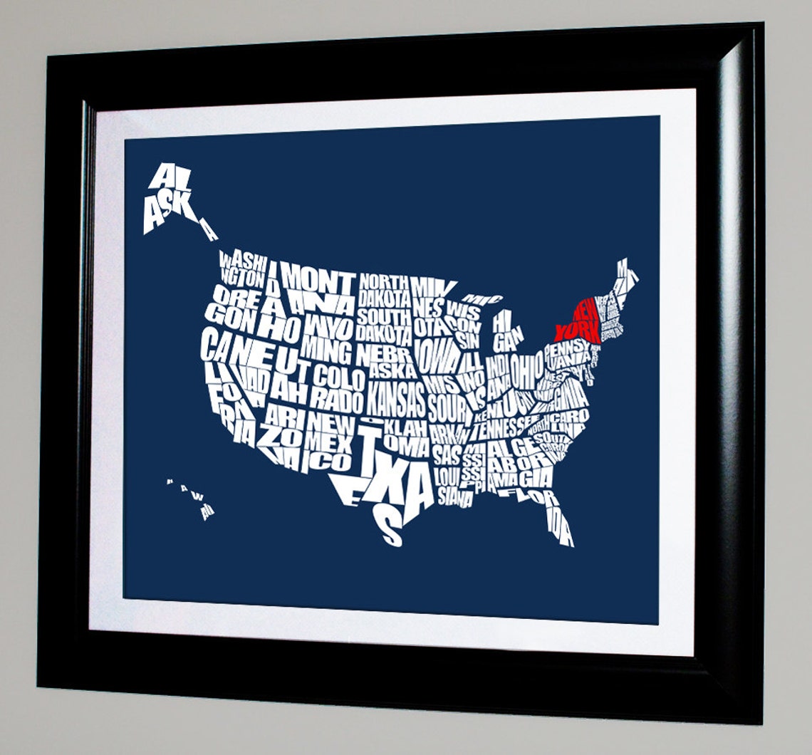 U.S.A. Typography Map With State Highlighted, A Typographic Word Map of ...