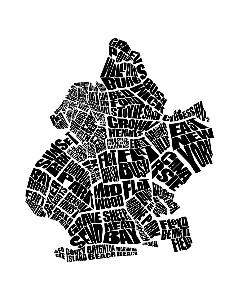 Brooklyn Word Map Black and White A Typographic Word Map of ...
