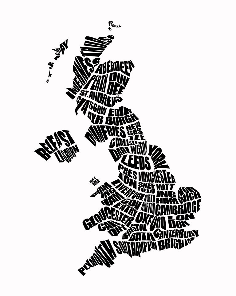 United Kingdom Word Map A Typographic Word Map of Cities of - Etsy