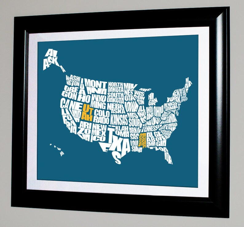 U.S.A. Typography Map With State Highlighted, A Typographic Word Map of ...