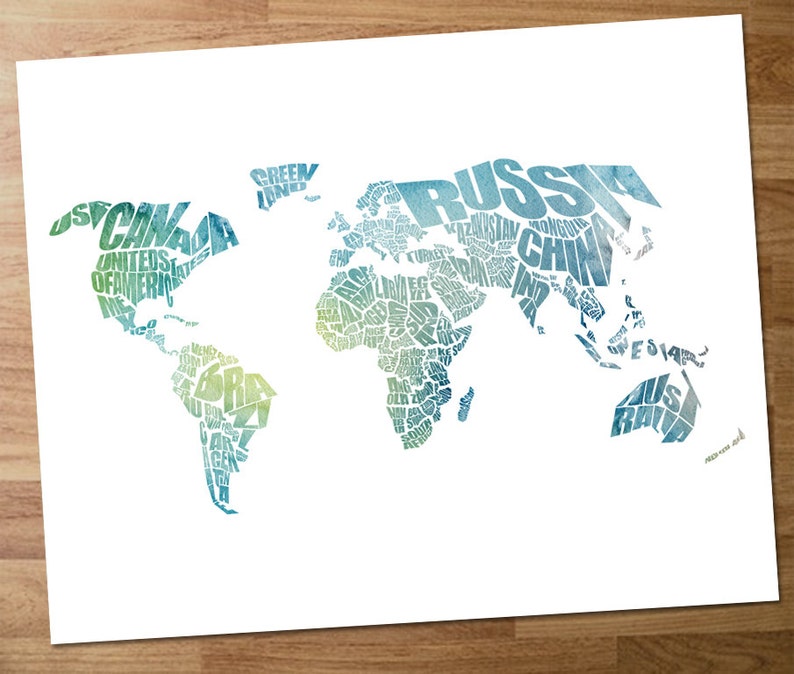 World Word Map A Typographic Word Map of the Countries of - Etsy