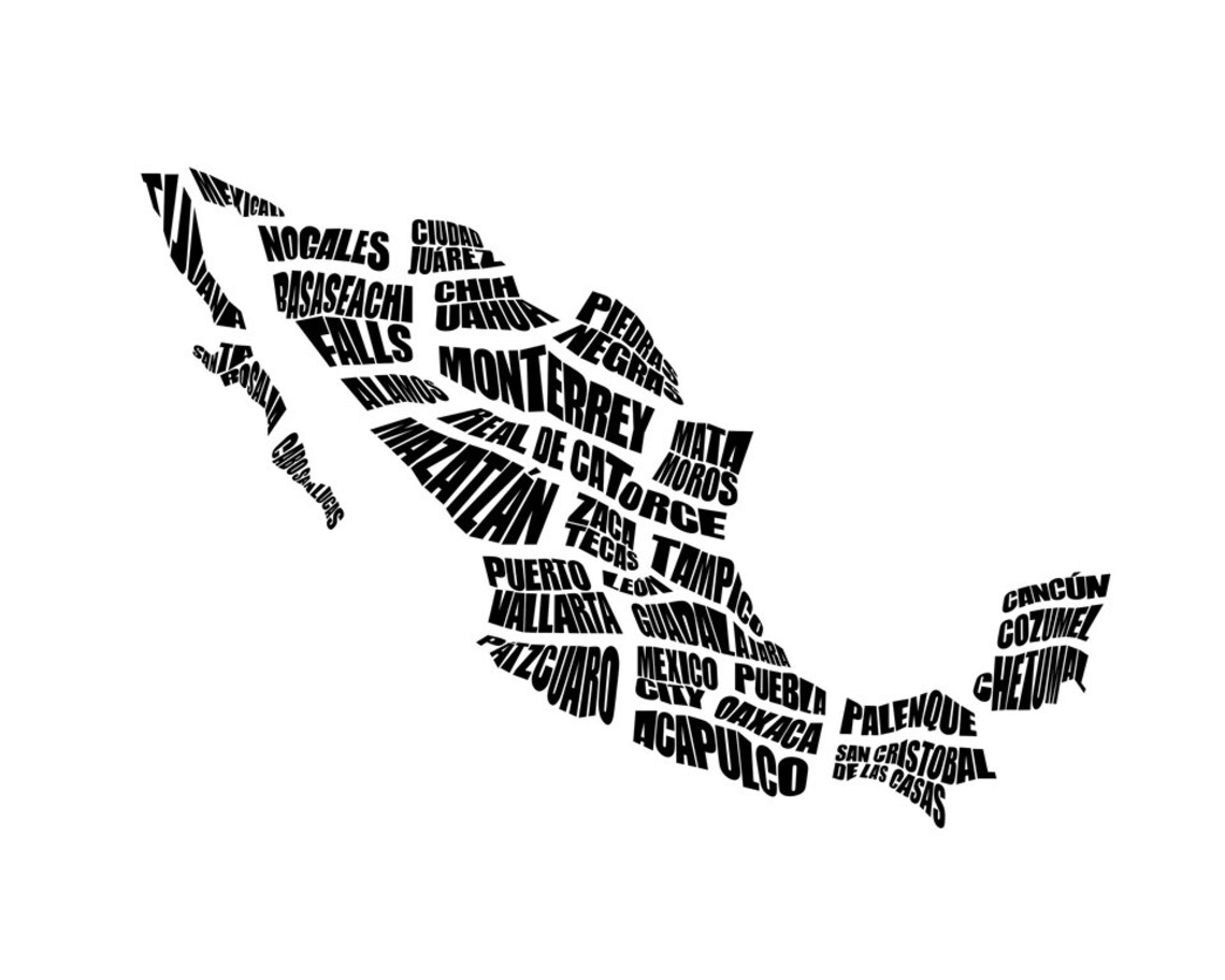Mexico Word Map A Typographic Word Map of Cities of Mexico, Mexican ...