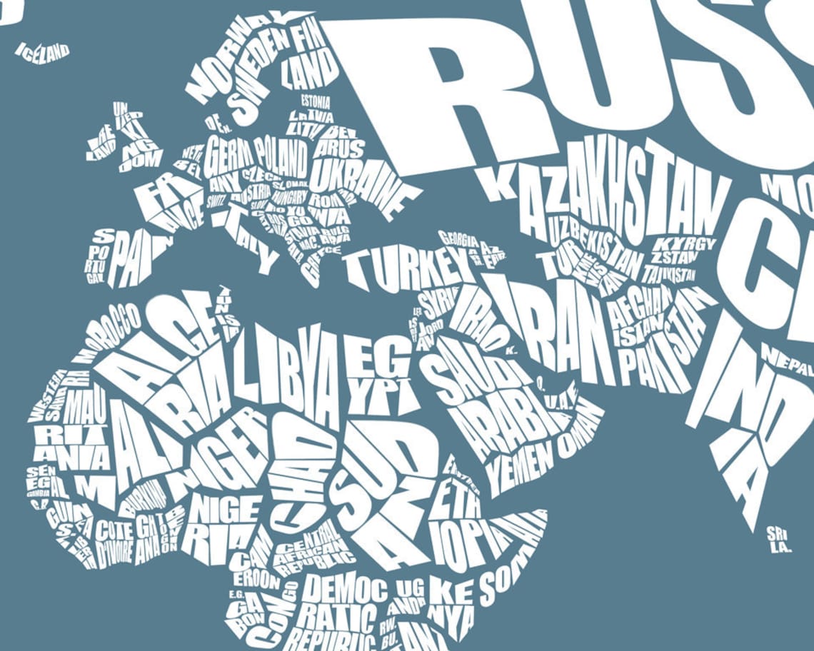 World Word Map A Typographic Word Map of the Countries of - Etsy