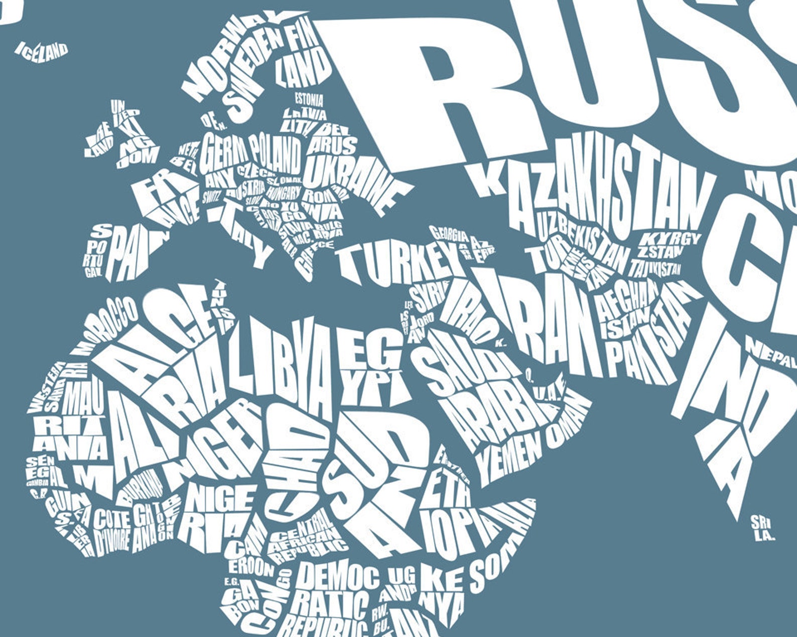 World Word Map A Typographic Word Map of the Countries of - Etsy