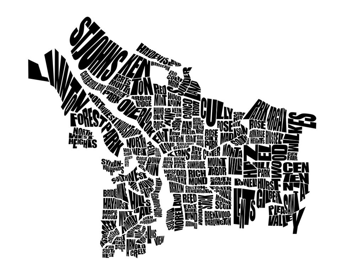 Portland Oregon Neighborhood Word Map Typography Map Art - Etsy