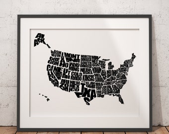USA Word Map A Typographic Word Map of the United States | Etsy