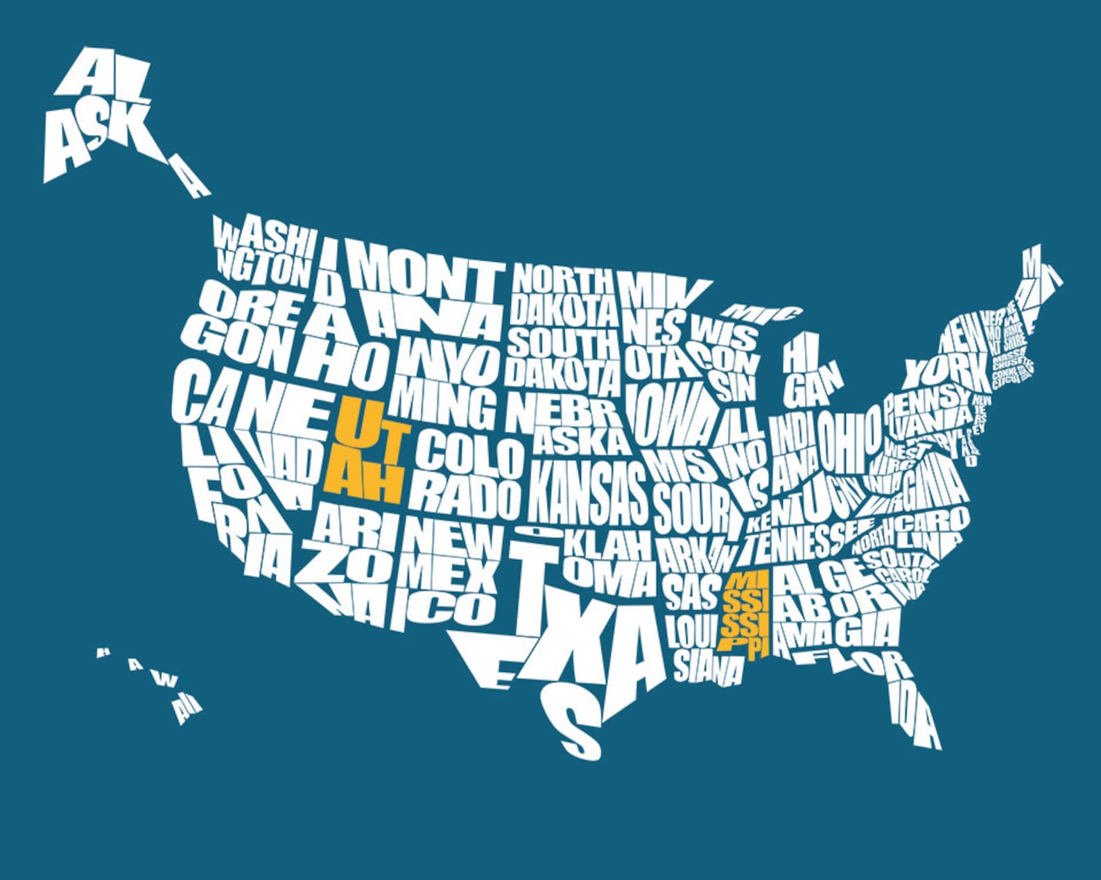 U.S.A. Typography Map With State Highlighted, A Typographic Word Map of ...