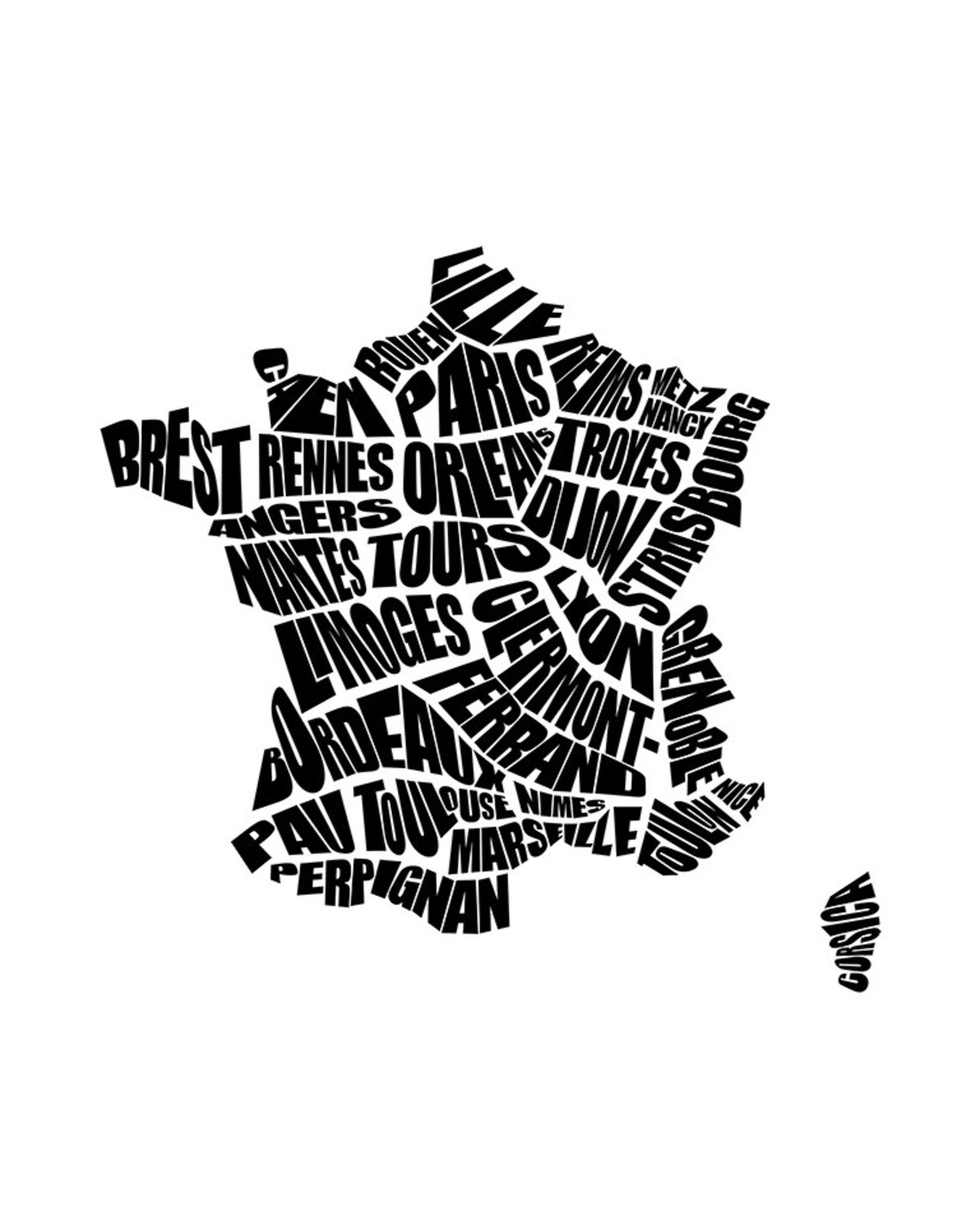 France Word Map A Typographic Word Map Of The Cities Of Etsy