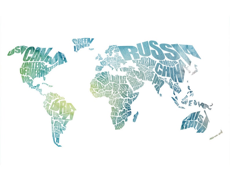 World Word Map A Typographic Word Map of the Countries of - Etsy