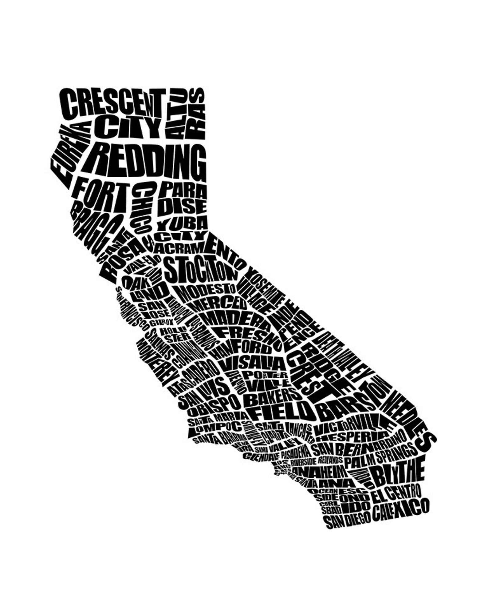 California Cities Word Map Typography Map Art Home Decor - Etsy