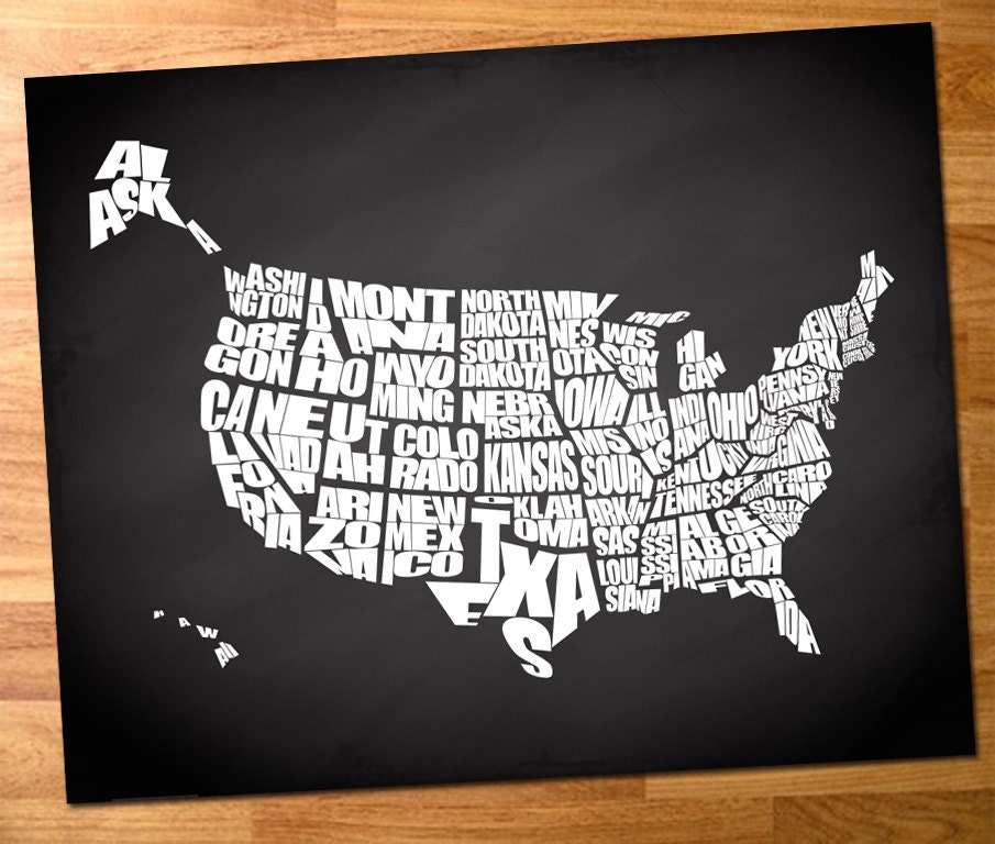 Chalkboard USA A Typographic Text Map of the States of the - Etsy