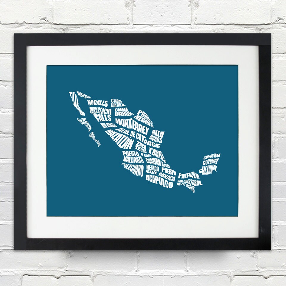 Mexico Word Map A Typographic Word Map of Cities of Mexico, Mexican ...