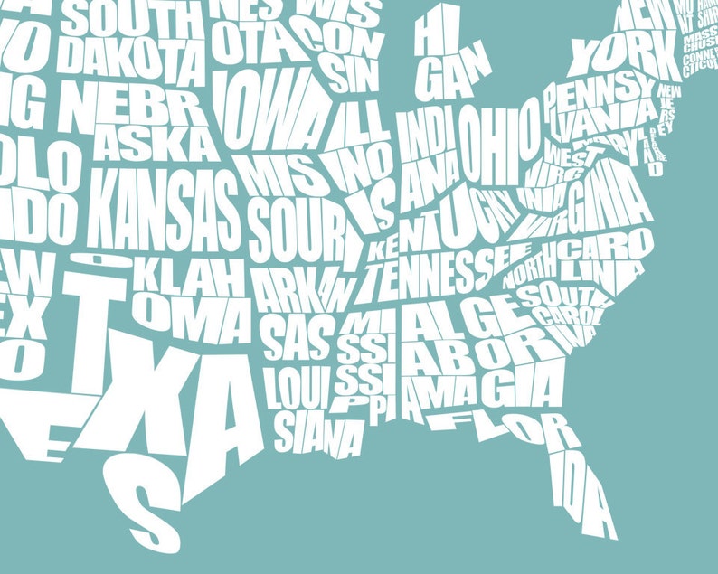 USA Word Map A Typographic Word Map of the United States, Print or ...
