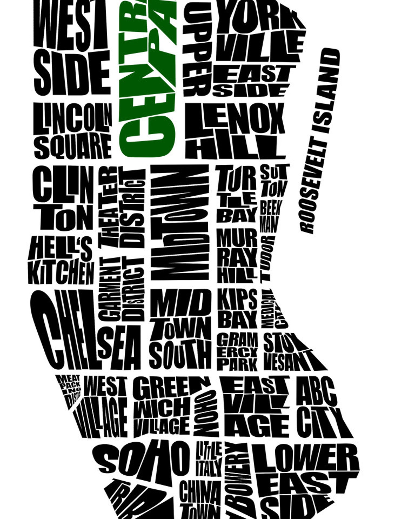 Manhattan Word Map A Typographic Word Map of Neighborhoods of Manhattan ...