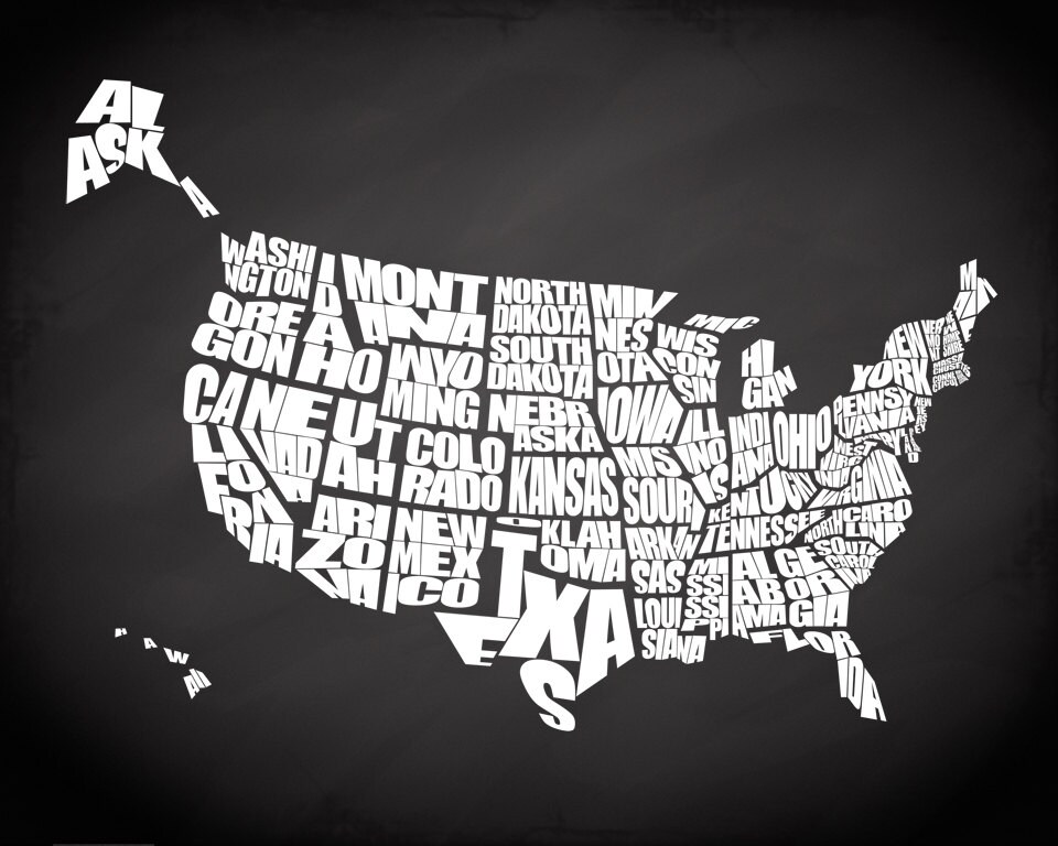 Chalkboard USA A Typographic Text Map of the States of the - Etsy