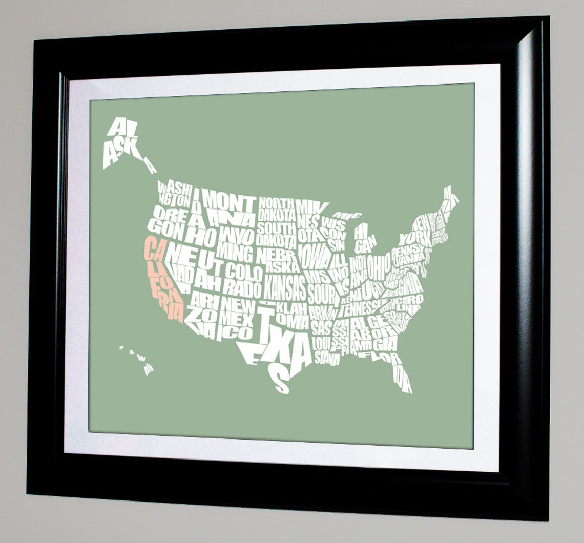 U.S.A. Typography Map With State Highlighted, A Typographic Word Map of ...
