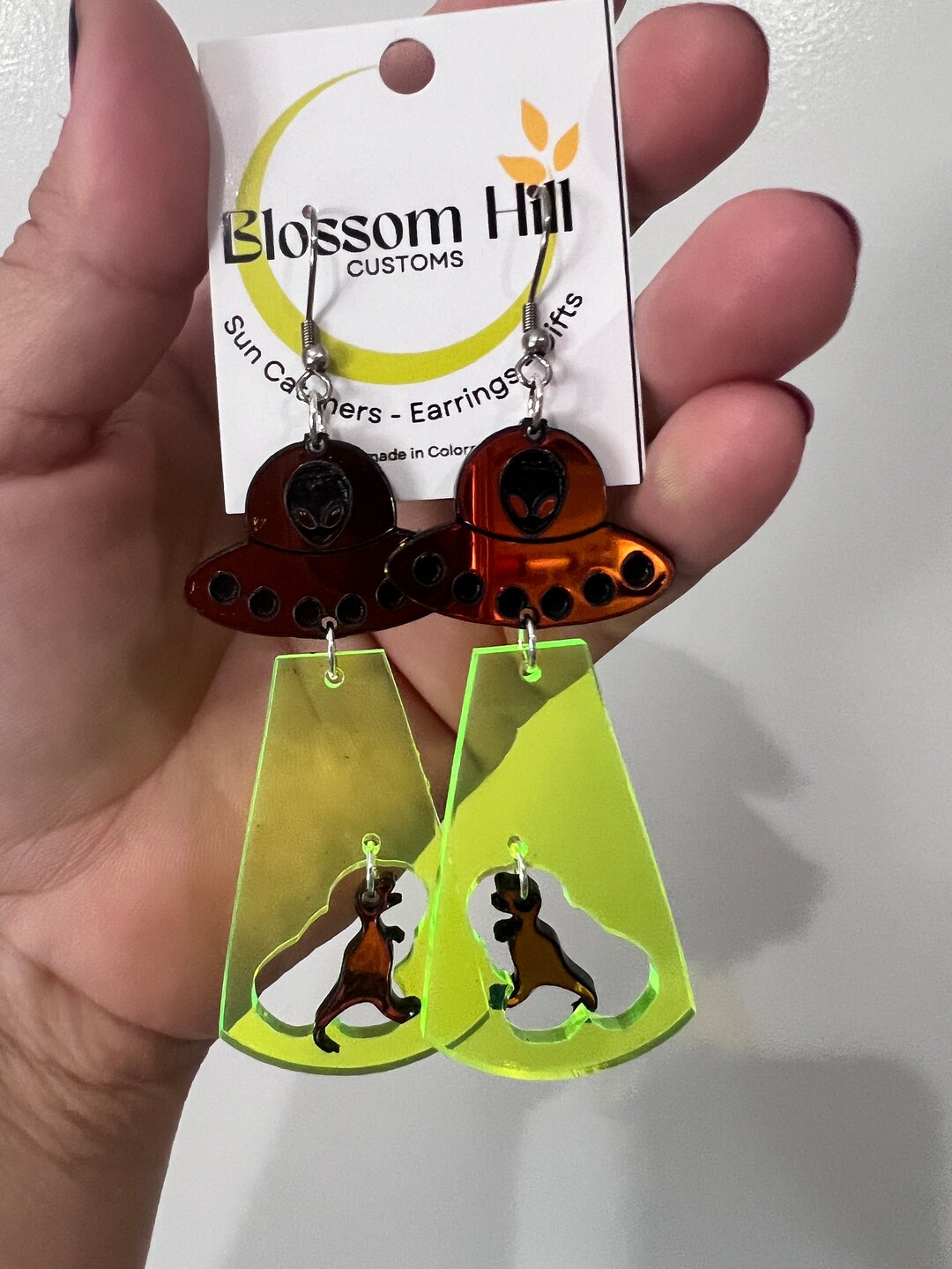 T-rex Alien Abduction Dangle Earrings | Laser | T-rex | Earring ...