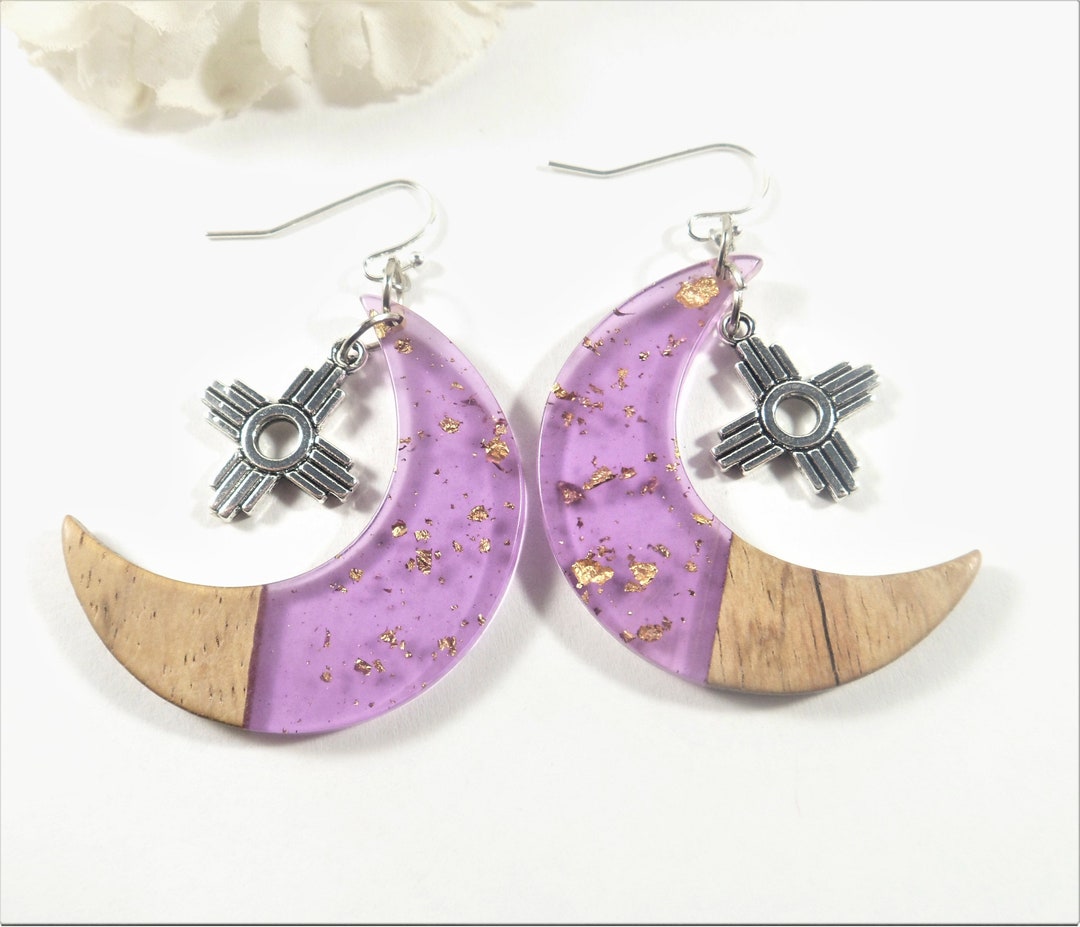Purple Crescent Moon Zia Earrings Unique Gold Flecked Moon - Etsy