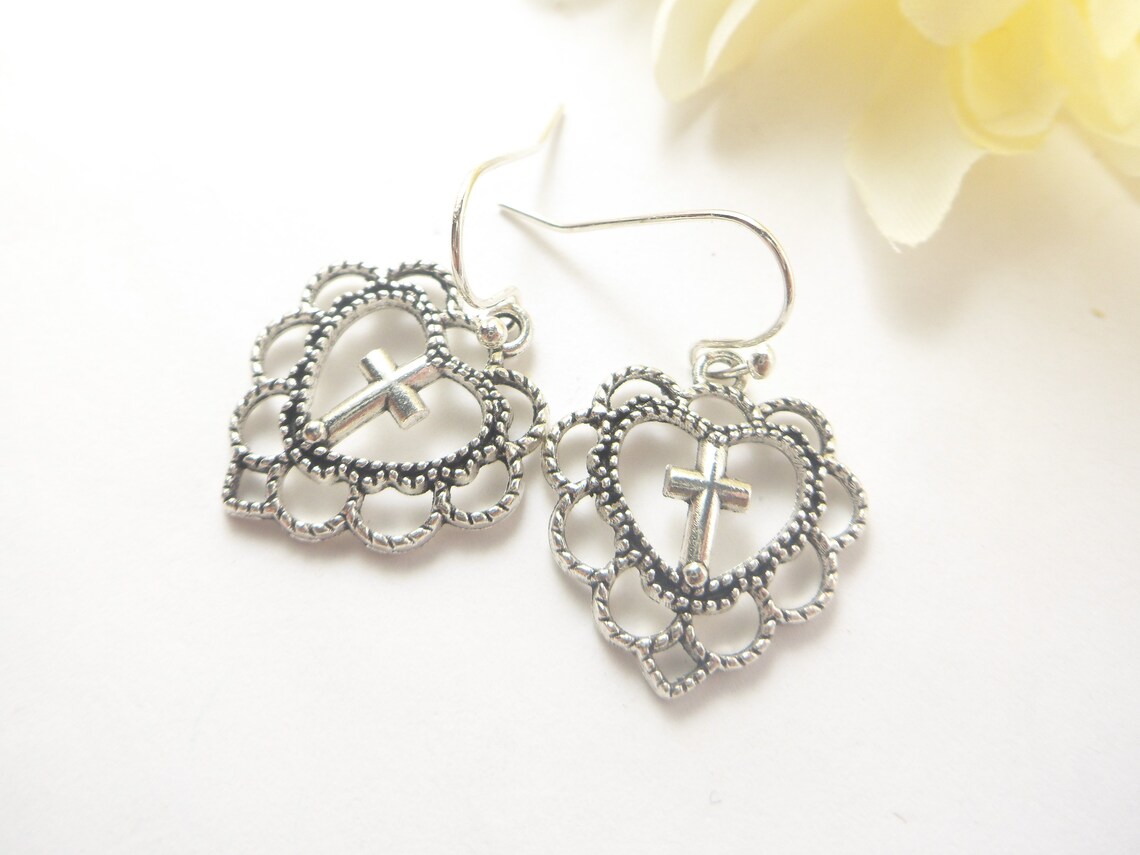 Silver Cross Heart Dangle Earrings: Christian Religious Jewelry Gift - Etsy