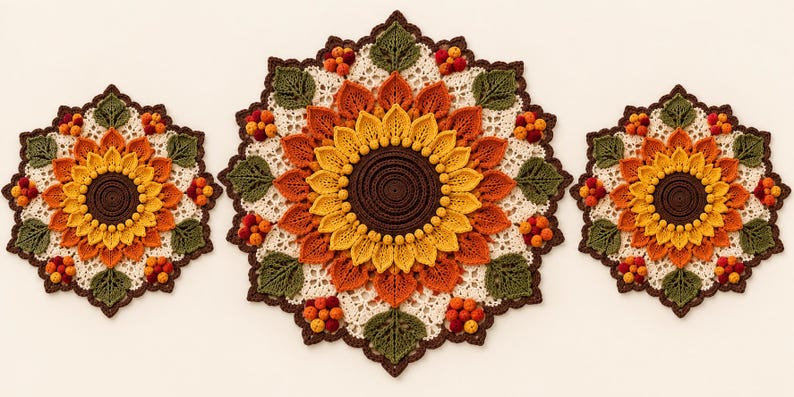 Autumn Sunflower Crochet Table Set Pattern, 3 Piece Centerpiece & Doily ...