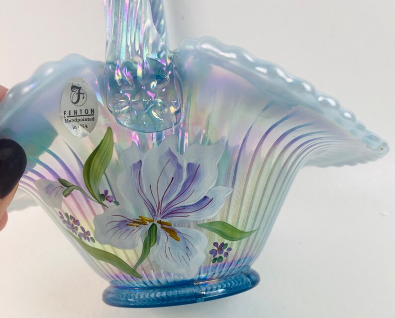 Vintage Fenton Blue Opalescent Basket 9” Hand Painted P Hayhurst ...