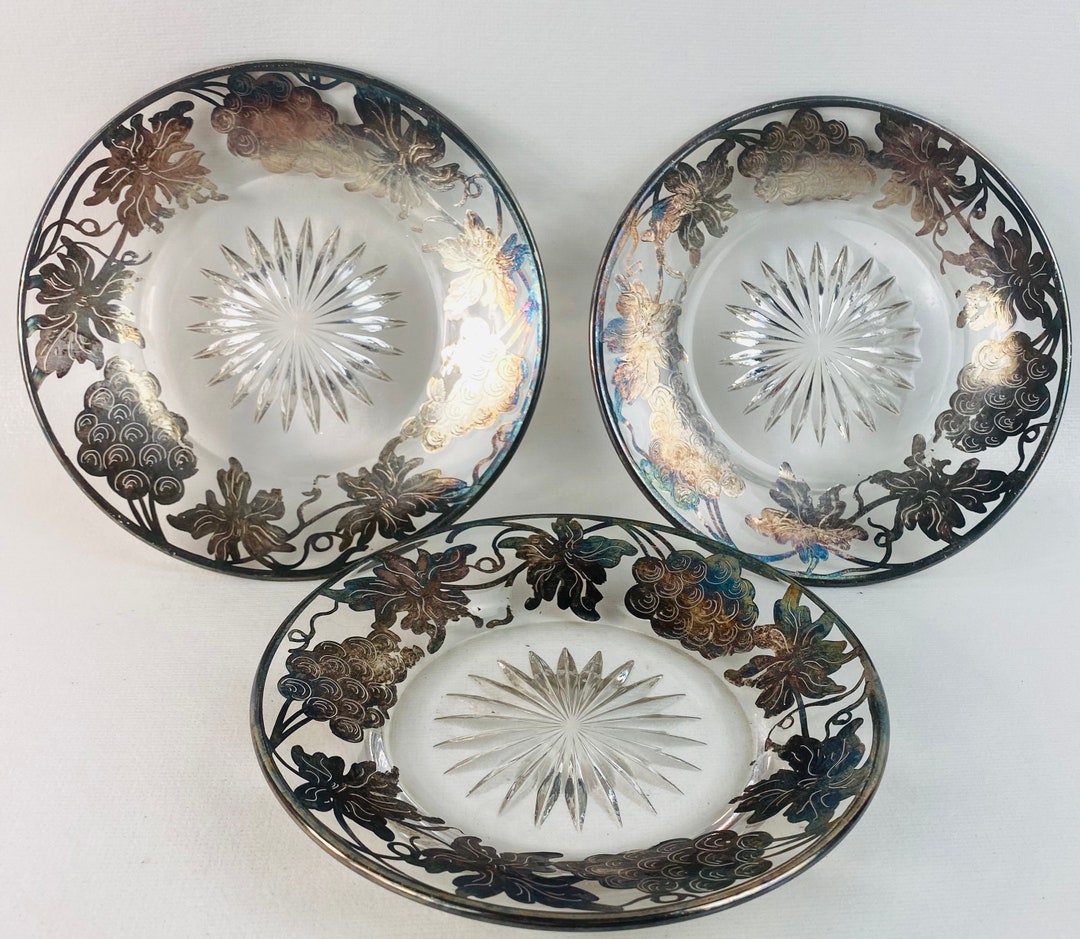Antique Sterling Silver Overlay Glass Plates Grape Vine Leaves - Etsy