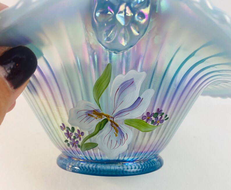 Vintage Fenton Blue Opalescent Basket 9” Hand Painted P Hayhurst ...