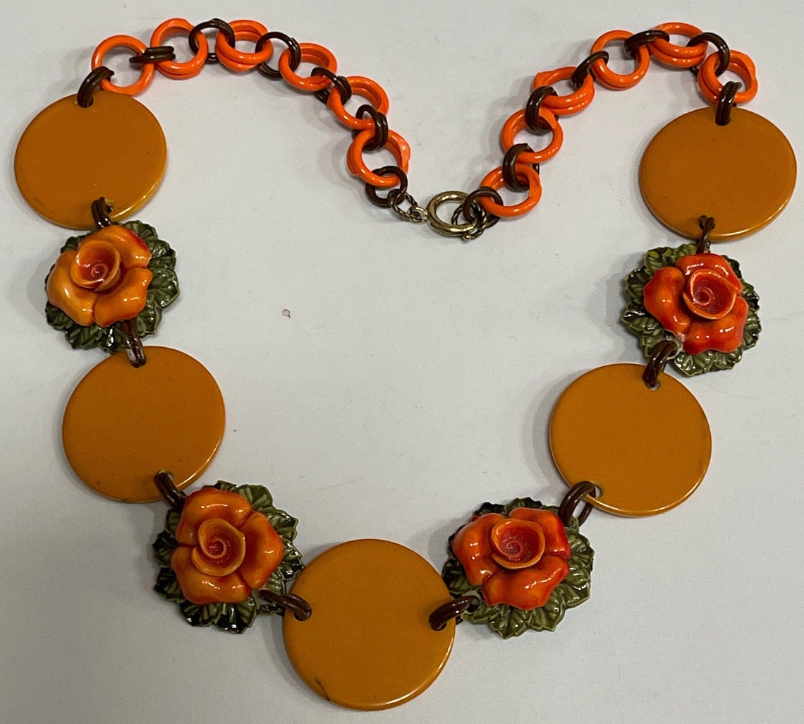 Unusual Vintage Bakelite and Celluloid Flower Necklace 1 - Etsy