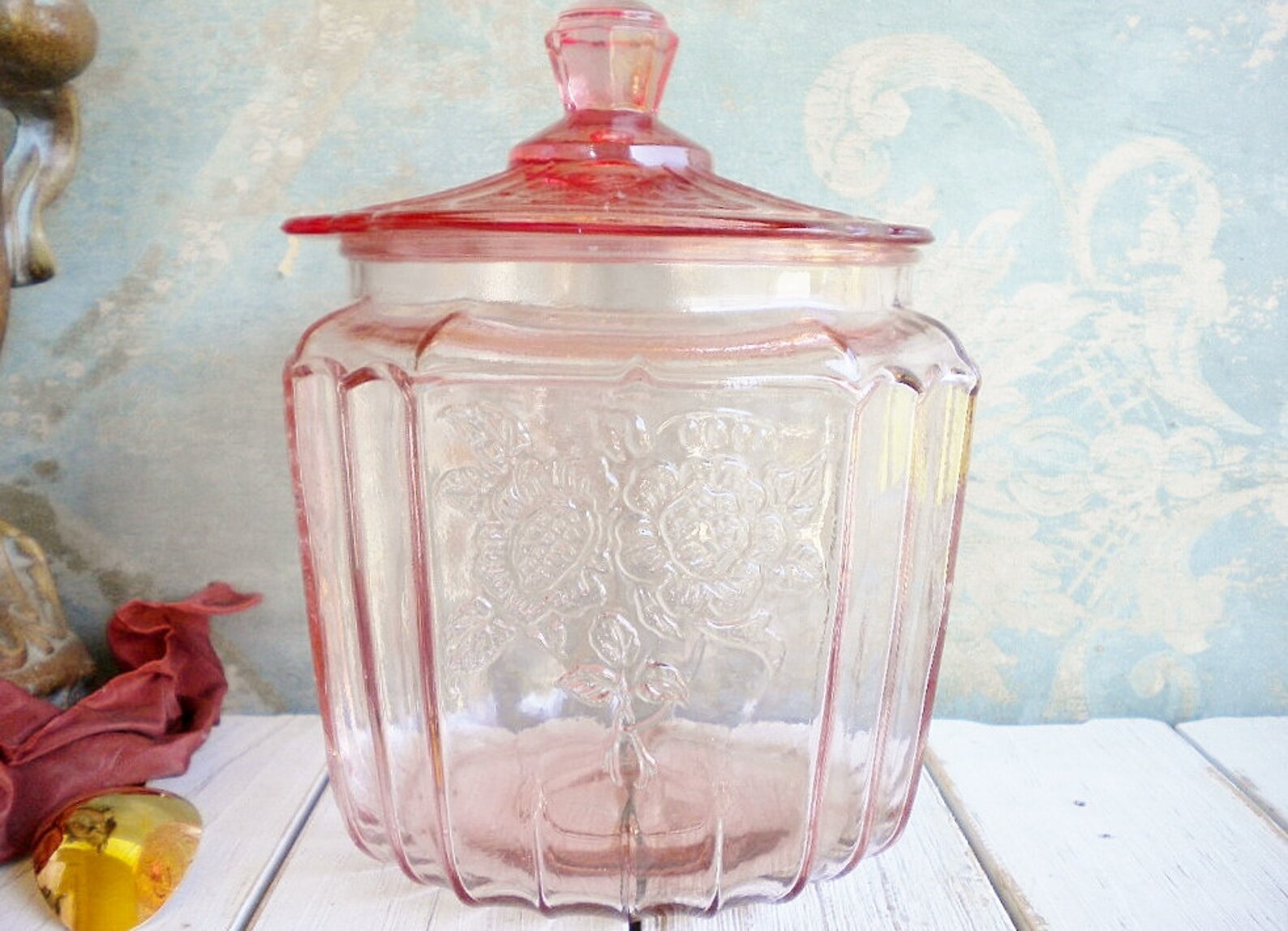 Pink Glass Jar With Lid Mayfair Open Rose 8 Inch/ Candy Jar | Etsy