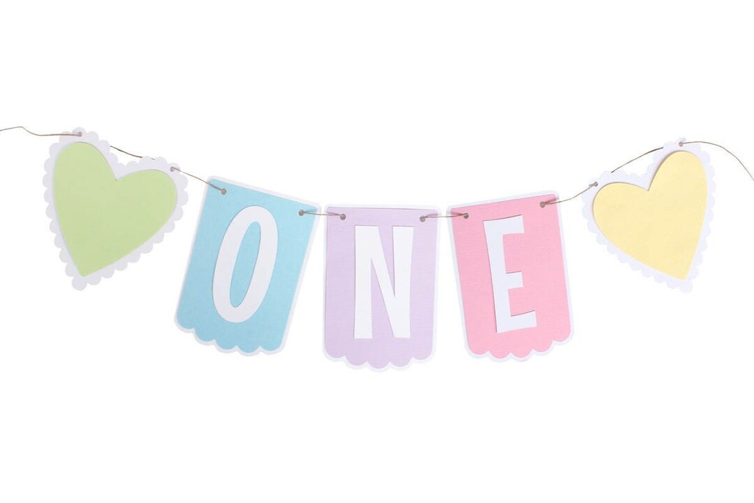 Pastel Rainbow Heart First Birthday High Chair ONE Banner - Pastel ...
