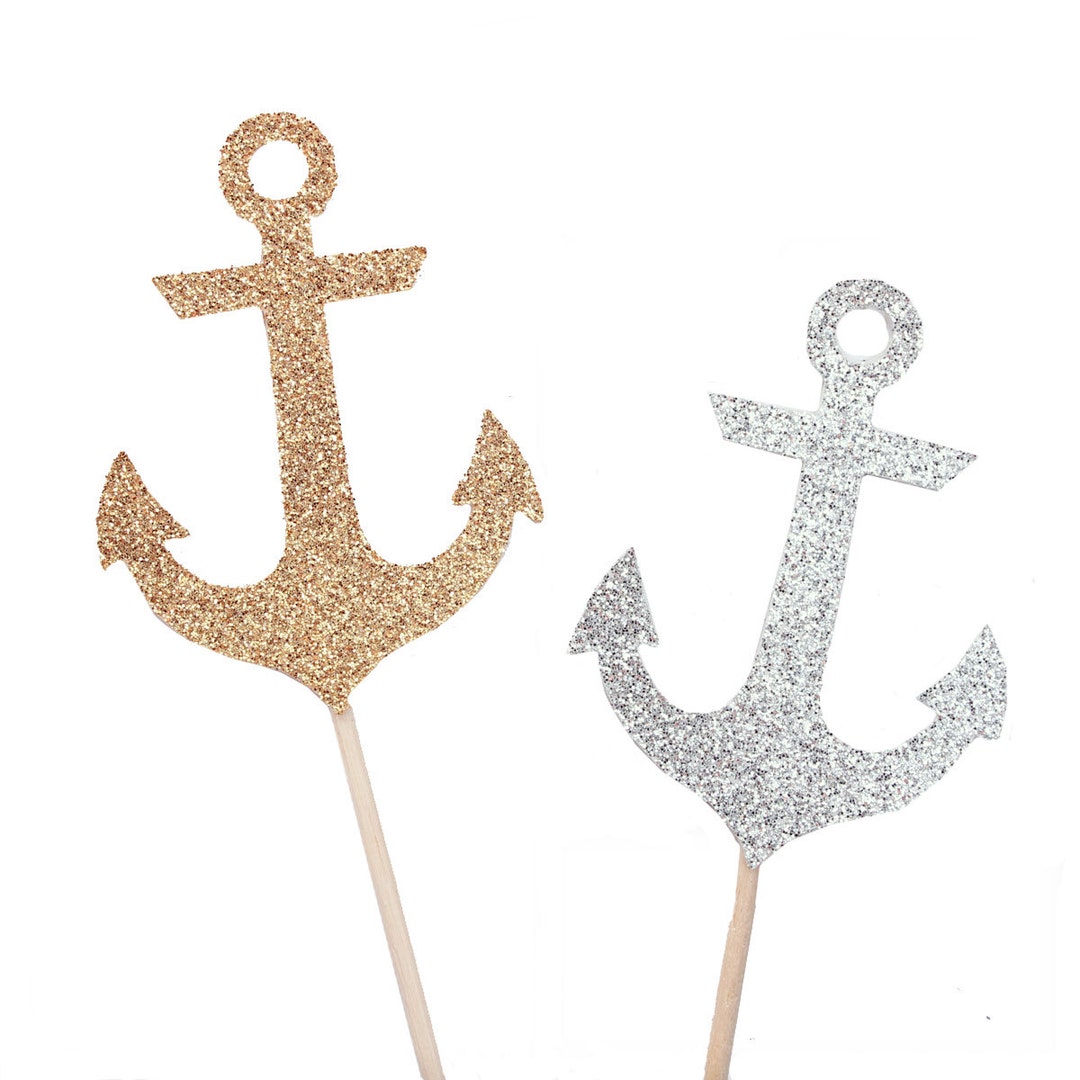 Gold Silver Anchor Cupcake Toppers - Nautical Cupcake Toppers - Anchor ...