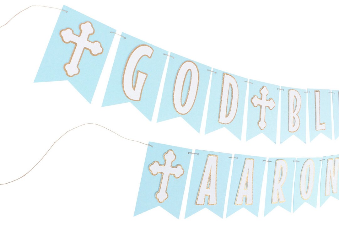 Blue Gold God Bless Banner With Name and Crosses - Christening Baptism ...