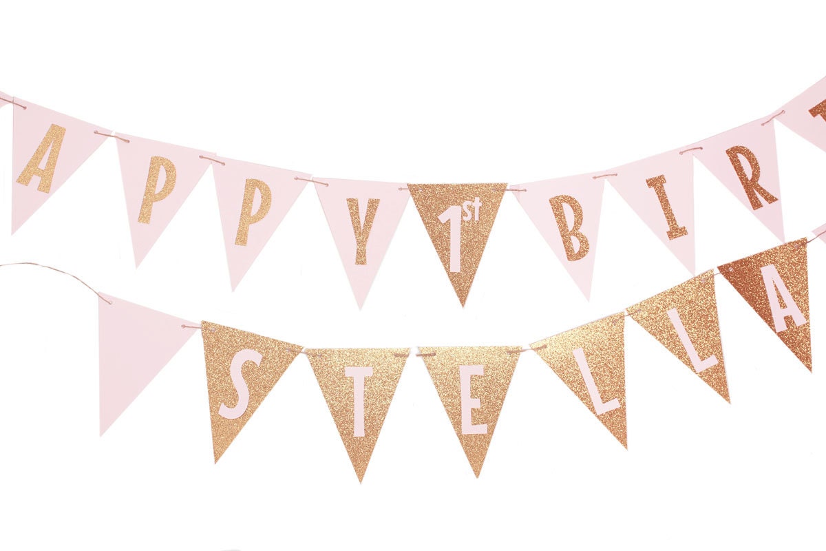 Pink and Gold Pennant Name Banner - Pink and Gold Birthday - Pink and ...