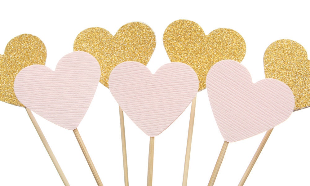 Pink and Gold Heart Cupcake Toppers / Food Picks / Wedding / Valentines ...
