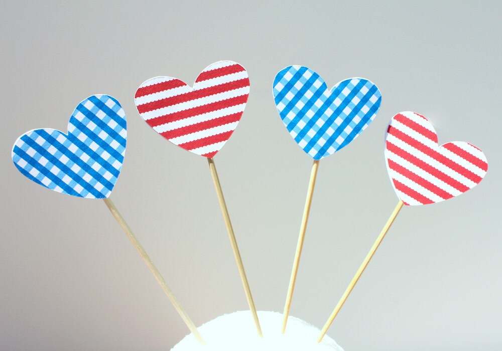 Patriotic Heart and Star Cupcake Toppers Red White and Blue - Etsy