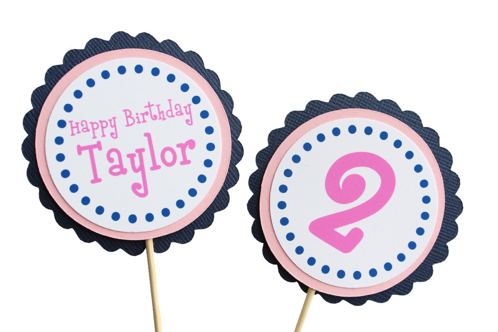 Happy Birthday Cupcake Toppers - Personalized Name and Age - Navy Pink ...