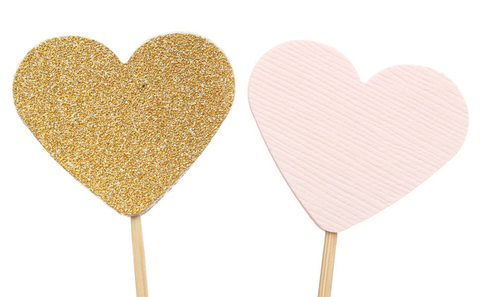 Pink and Gold Heart Cupcake Toppers / Food Picks / Wedding / - Etsy