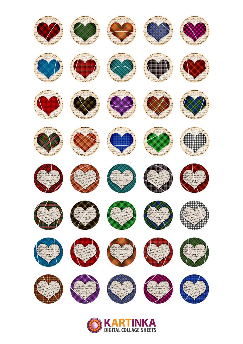 1 Inch 25mm 1.5 Inch 7/8 Inch Printable Images PLAID HEARTS Digital ...