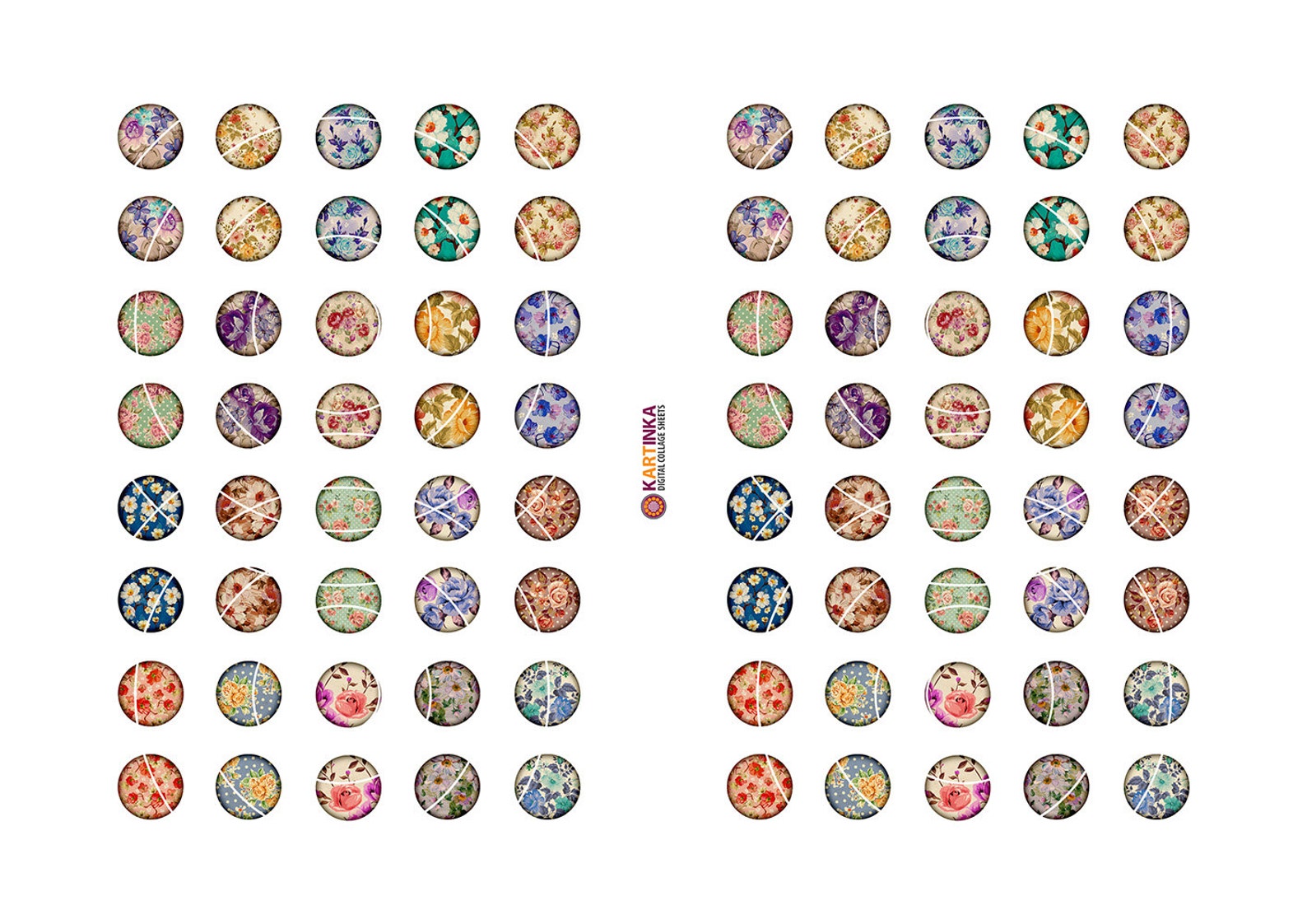 15mm 12mm 10mm Size Circles FLORAL PATTERNS Printable Download Digital ...