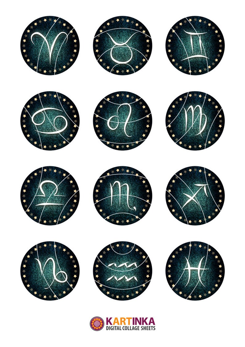 ZODIAC SIGNS 2 Inch, 2.25 Inch Circles Digital Collage Sheet Printable ...